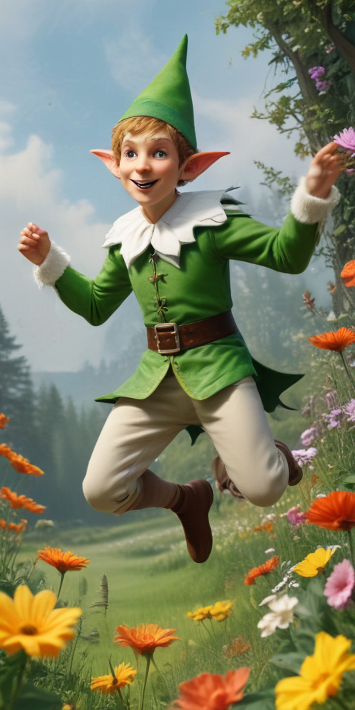 green elf jumping in a field of flowers drawing style