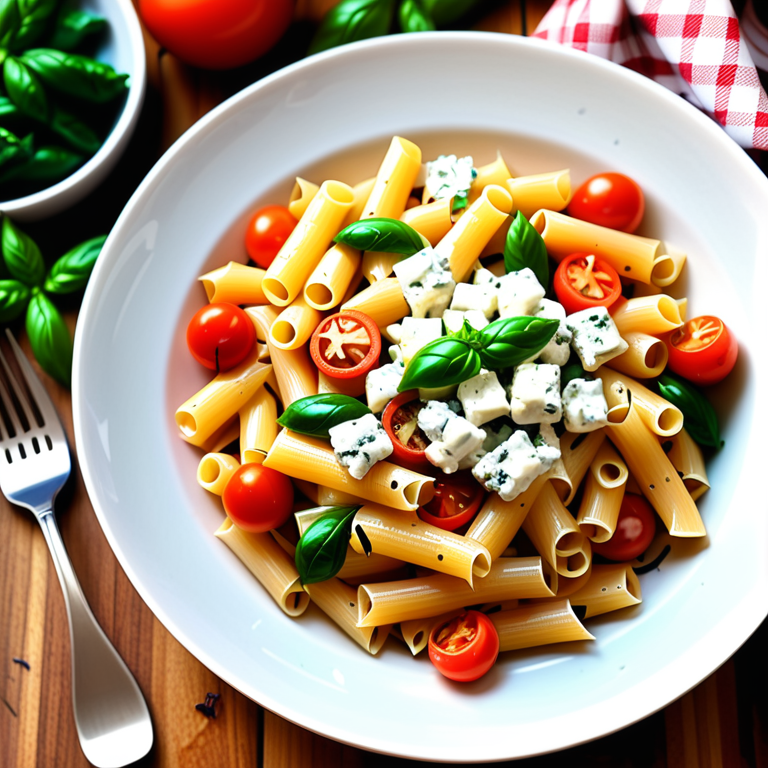 Delicious Pasta Dish with Cherry Tomatoes, Fresh Basil, and Cheese Cubes.
