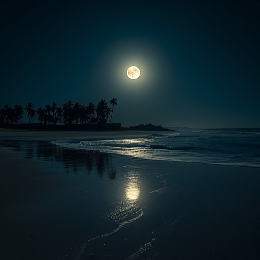 Serene Nighttime Beach Scene with Full Moon Reflecting on Calm Waters