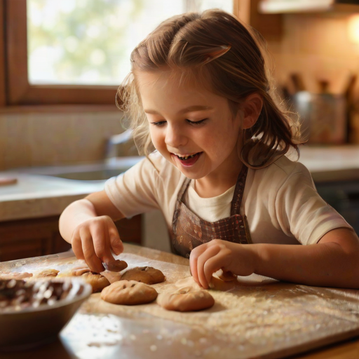 Joyful Child Baking Cookies in a Cozy Kitchen on a Sunny Day