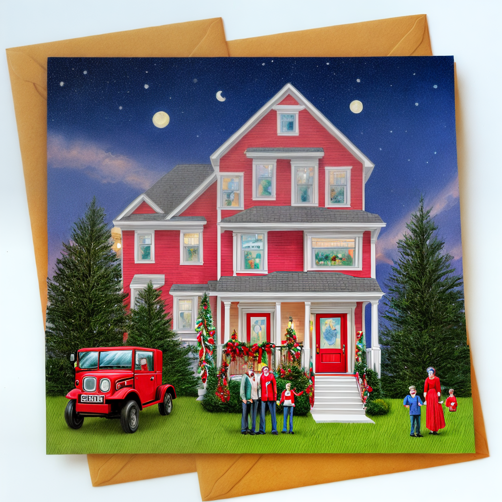 futuristic family christmas card in the style of thomas kincaid