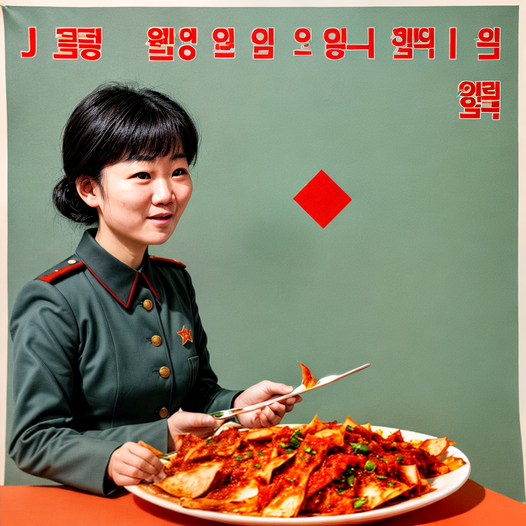 Female northkorean shorthaired soldier eating kimchi in front of ...