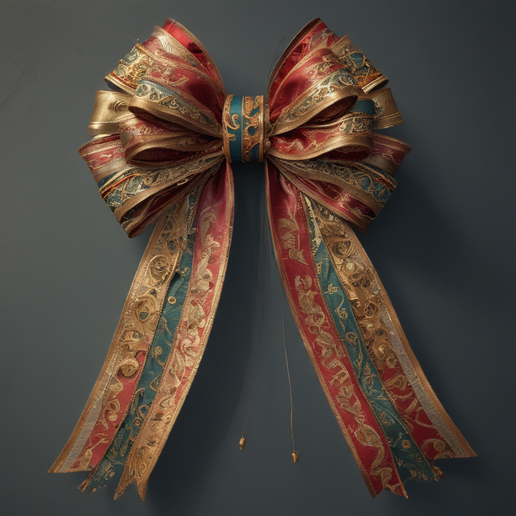 Elegant Decorative Bow with Intricate Patterns in Rich Red and Gold Tones.