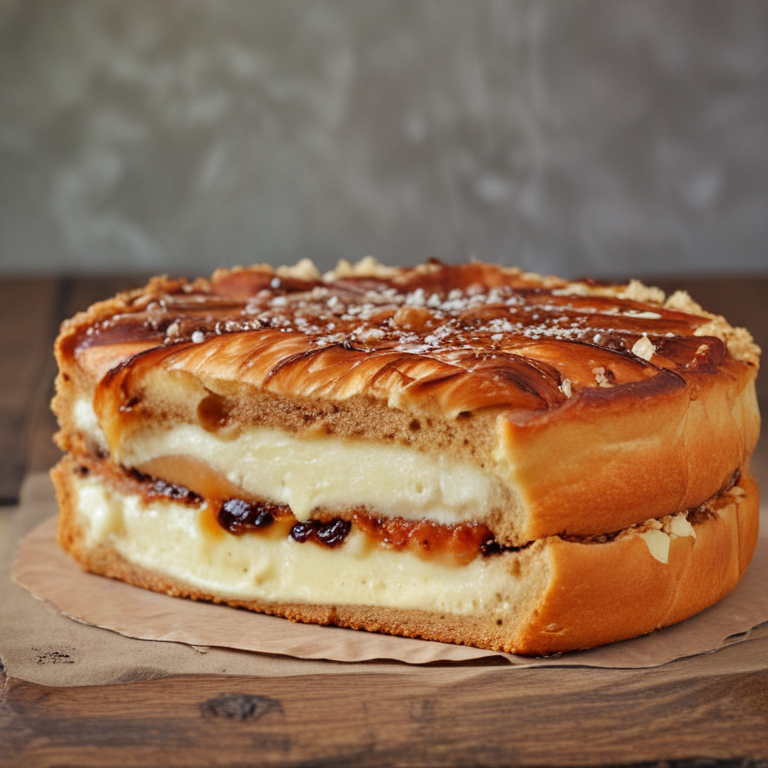 Deliciously Layered Bread Filled with Creamy and Sweet Ingredients Delight.
