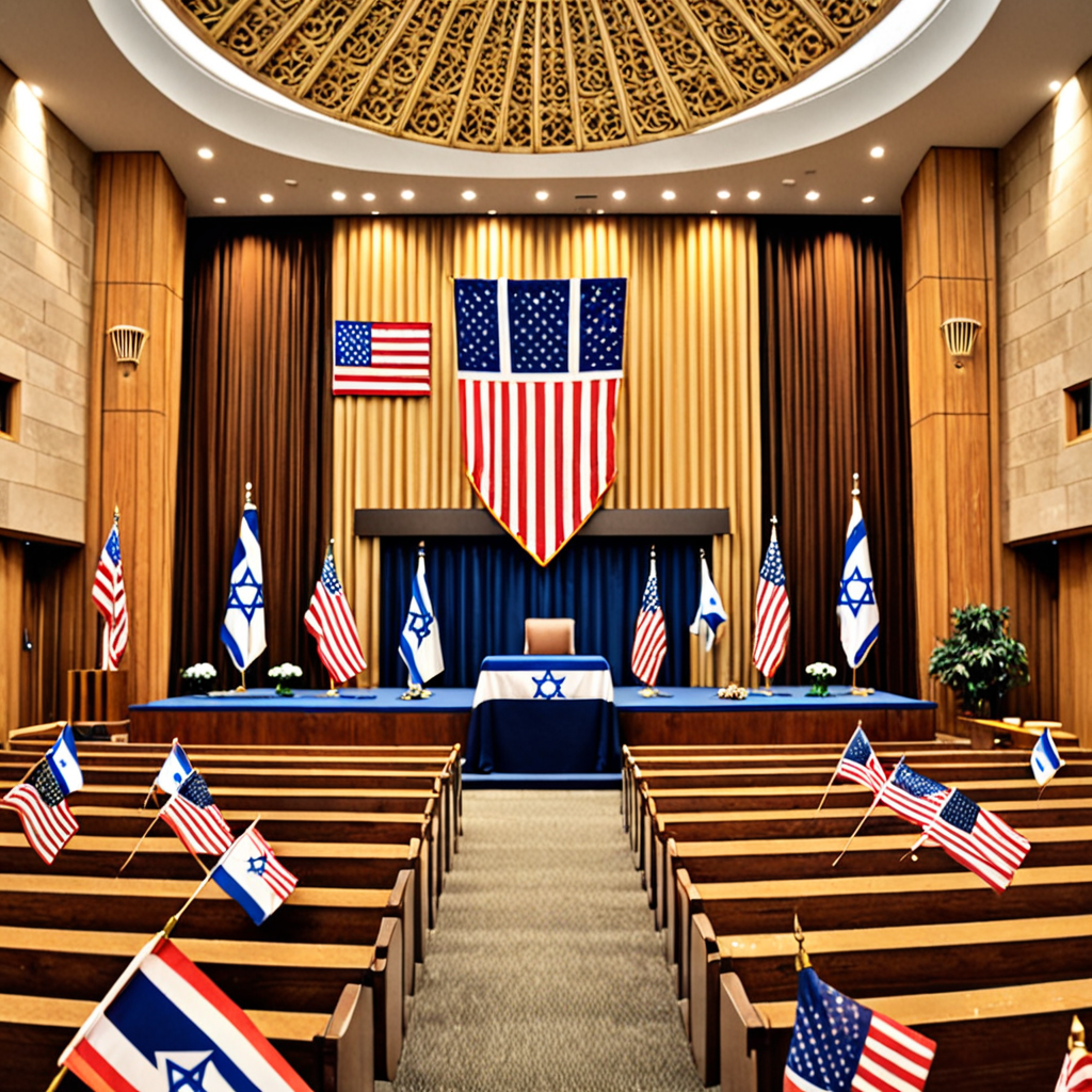 synagogue with israel and american flags