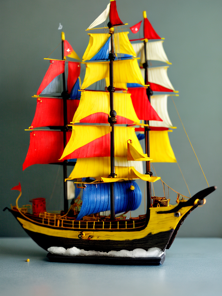 create a red and yellow pirate ship with realistic features and aged ...