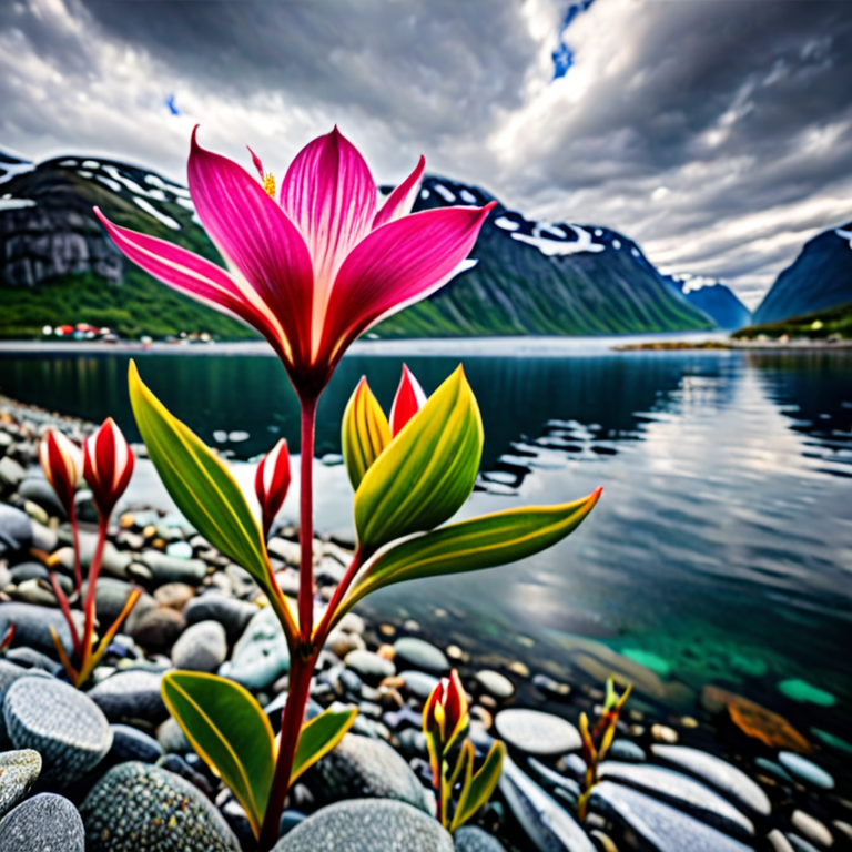exotic flower at the shoreline i fjord photo in arctic Norway