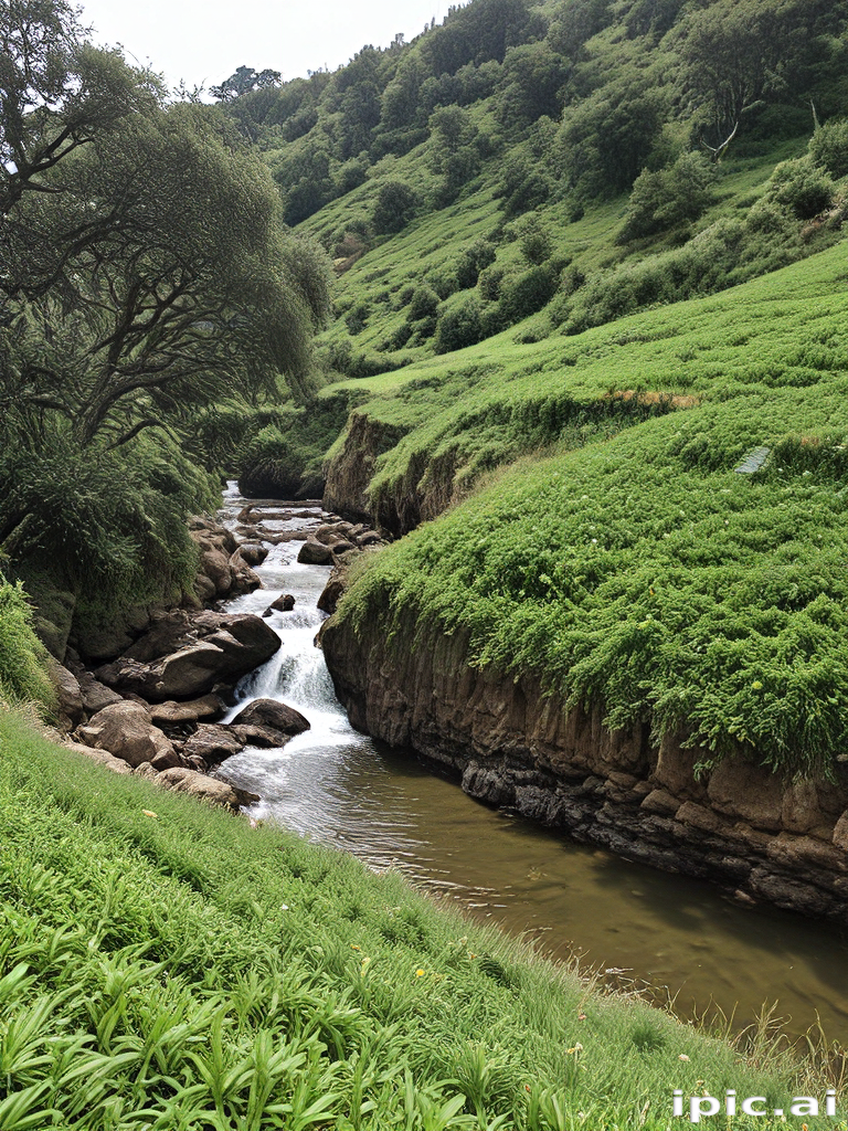 Tranquil Stream Flowing Through Lush Green Hills and Rocky Terrain