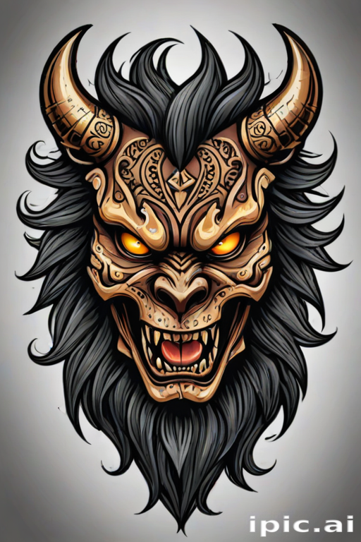 Intricate Demon Mask Design with Fiery Eyes and Ornate Patterns