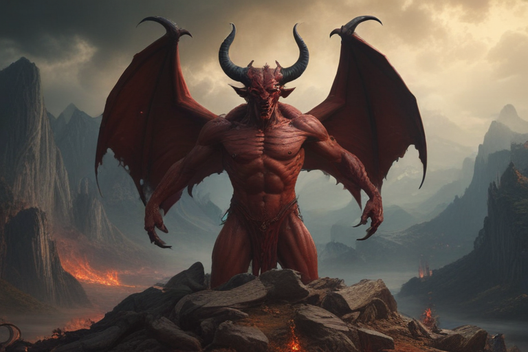 Powerful Red Demon Standing Proudly Amidst Fiery Landscape and Mountains