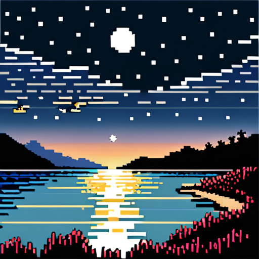 A pixel art landscape, with a sea, a moon by the sea and stars.