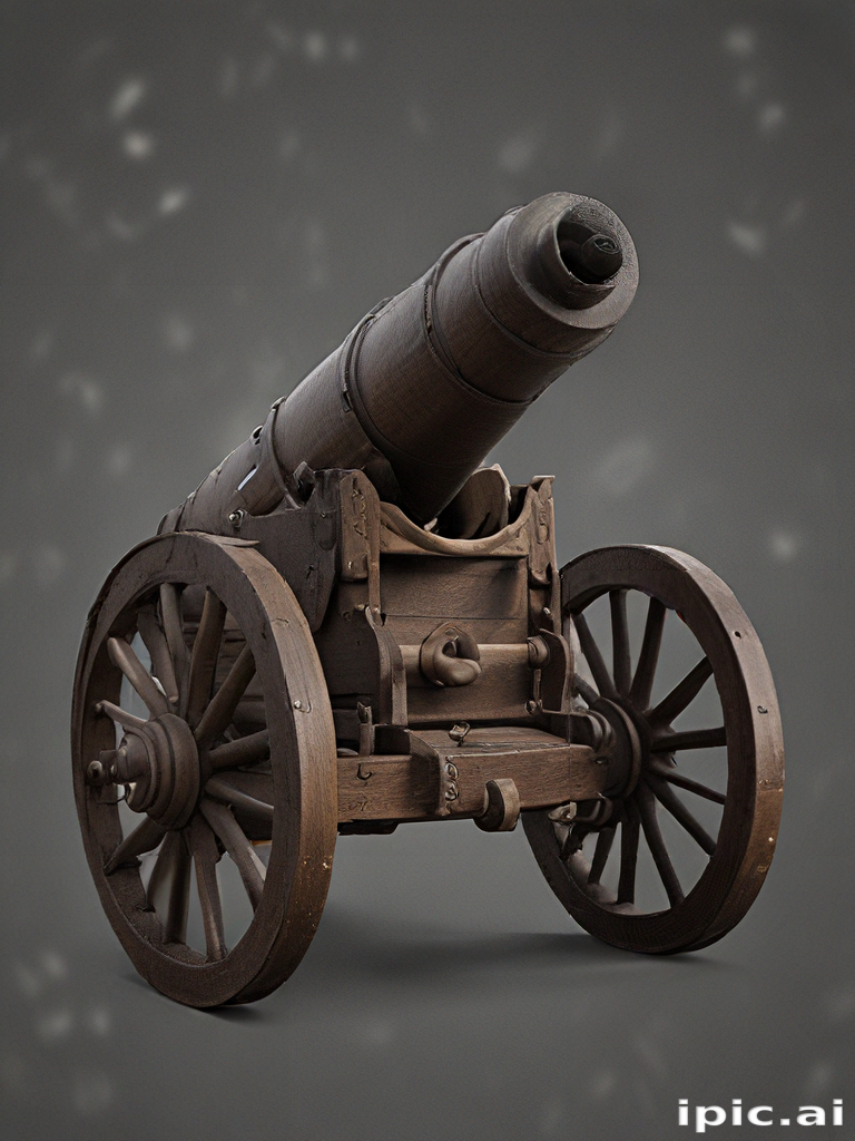 Historical Wooden Cannon on Wheels Displayed Against a Subtle Background