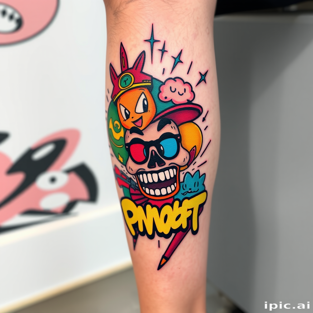 Vibrant Tattoo Featuring a Colorful Skull Surrounded by Playful Cartoon ...