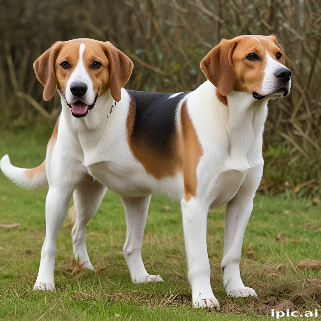 Two Playful Beagles Standing Together in a Lush Green Field.