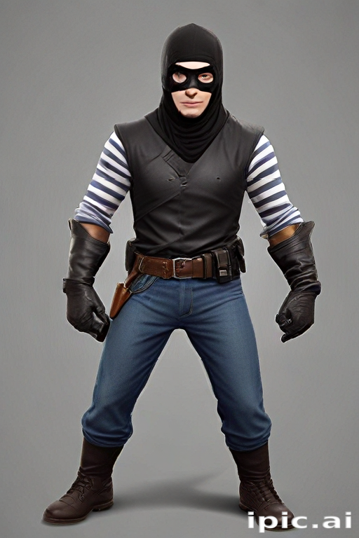 Stylized Cartoon Character Portraying a Classic Retro Thief in Bold Attire