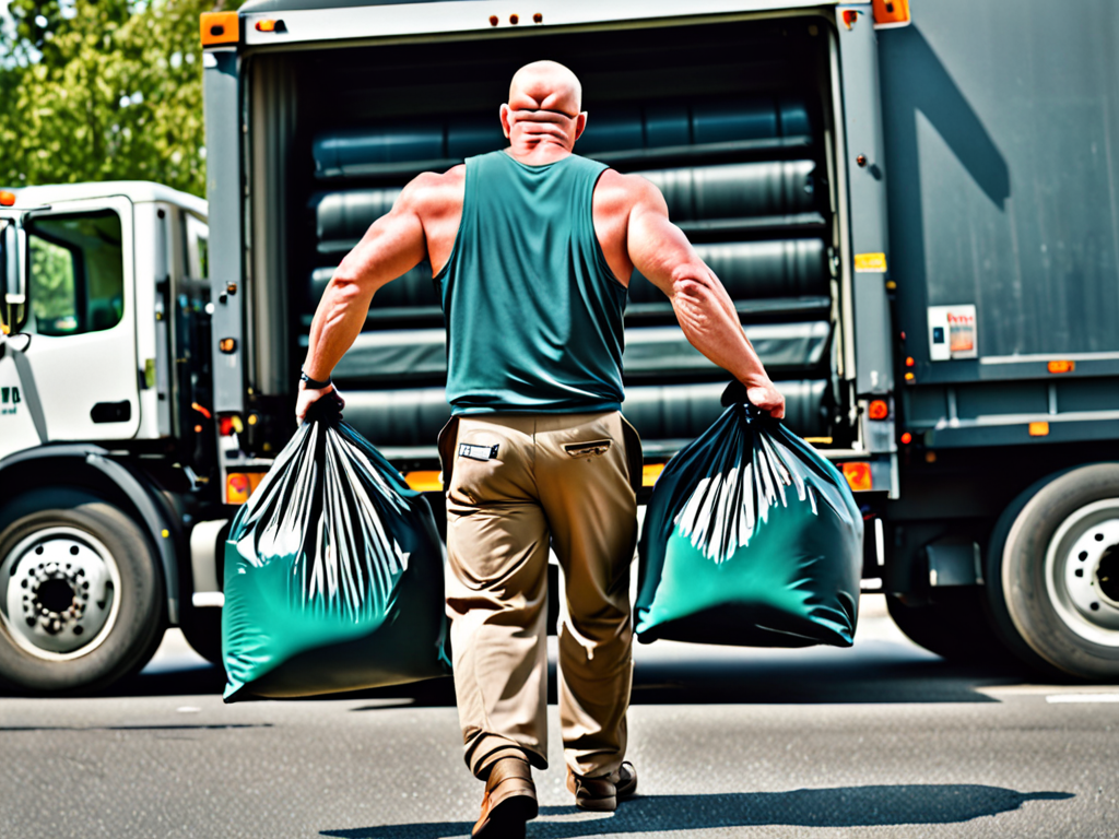 realistic handsome bald older muscular garbagemen from behind carrying ...