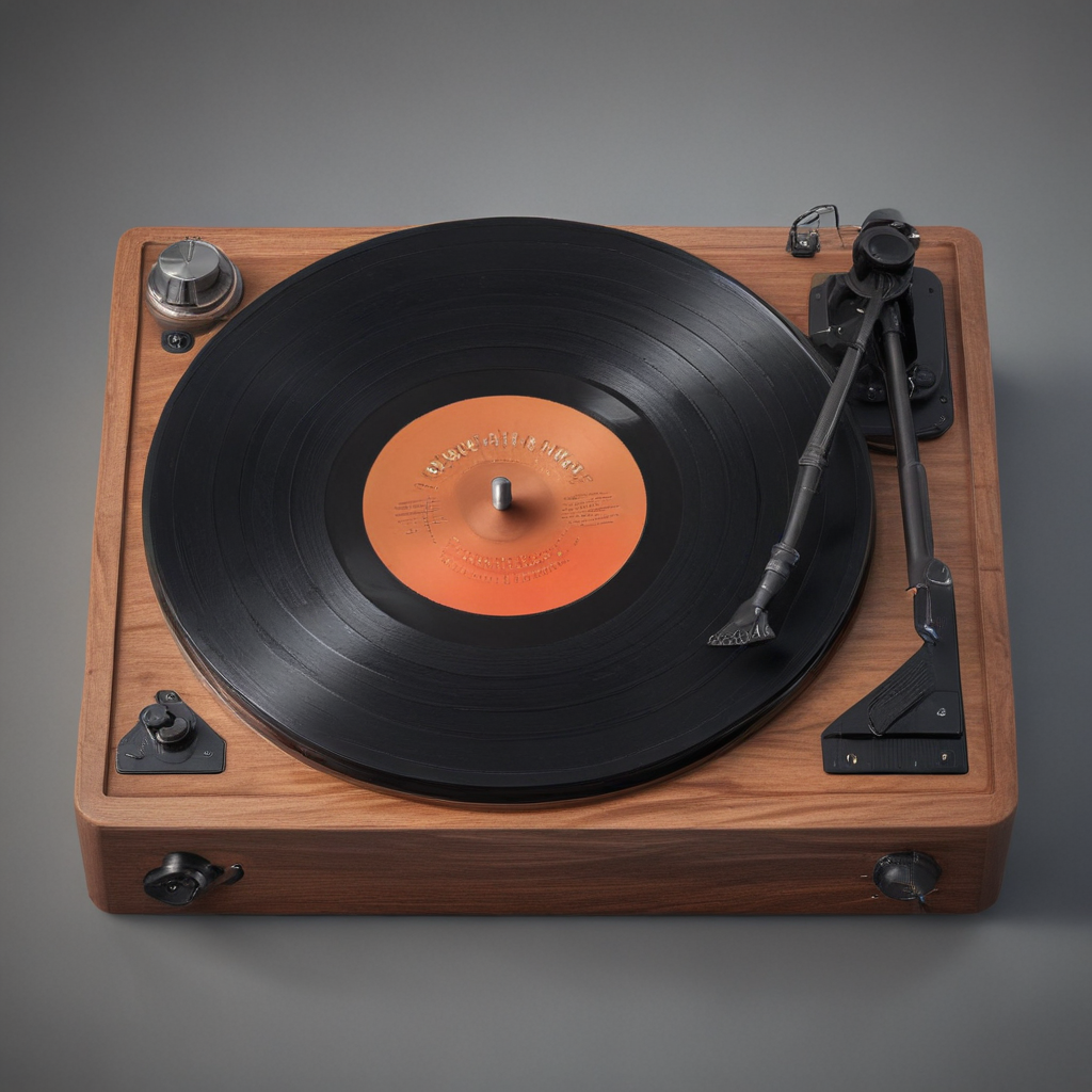 Classic Vinyl Turntable on Wooden Base with a Spinning Record