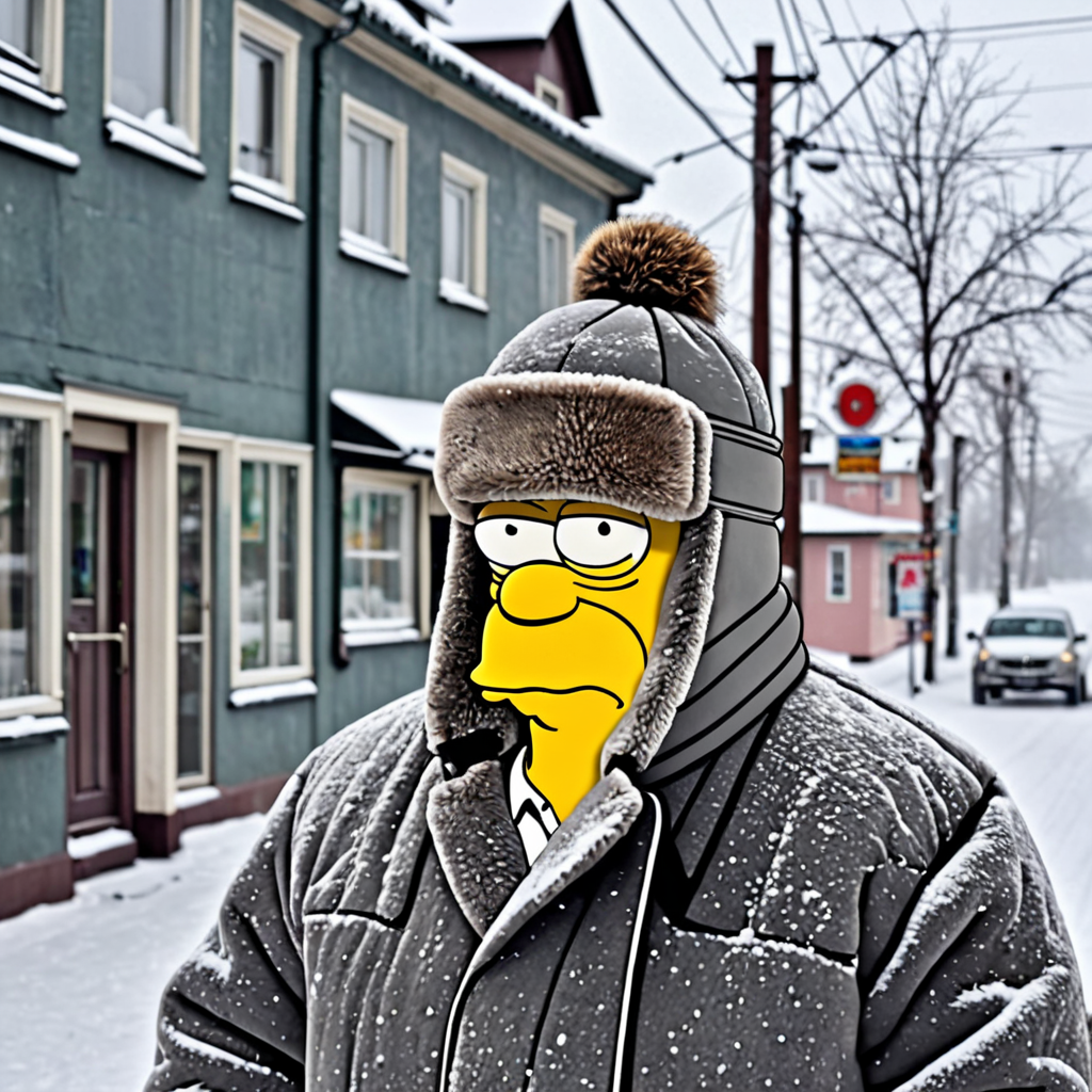 Russian Homer SImpson, clad in a ushanka and a warm coat, begins his ...