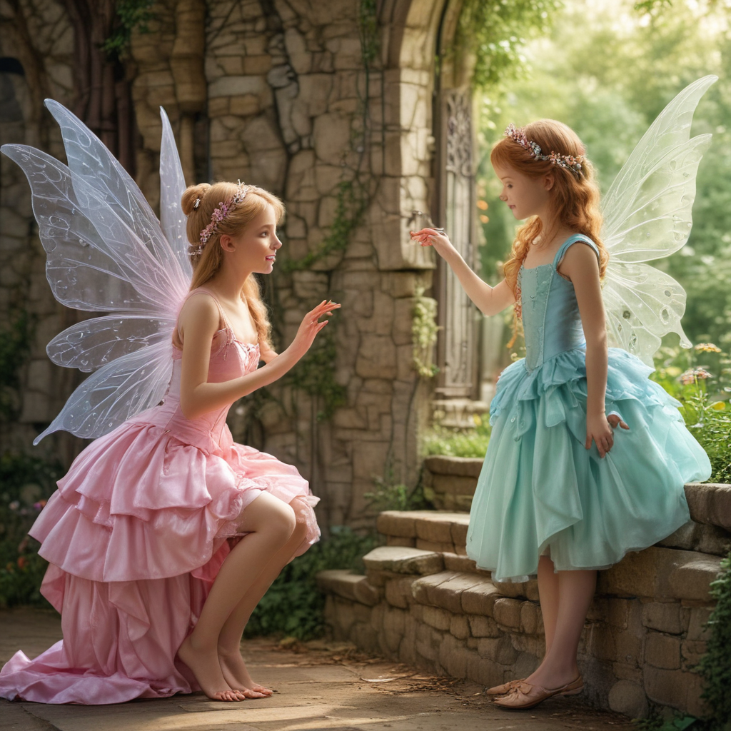 Give me a picture of a fairy shrinking down a princess