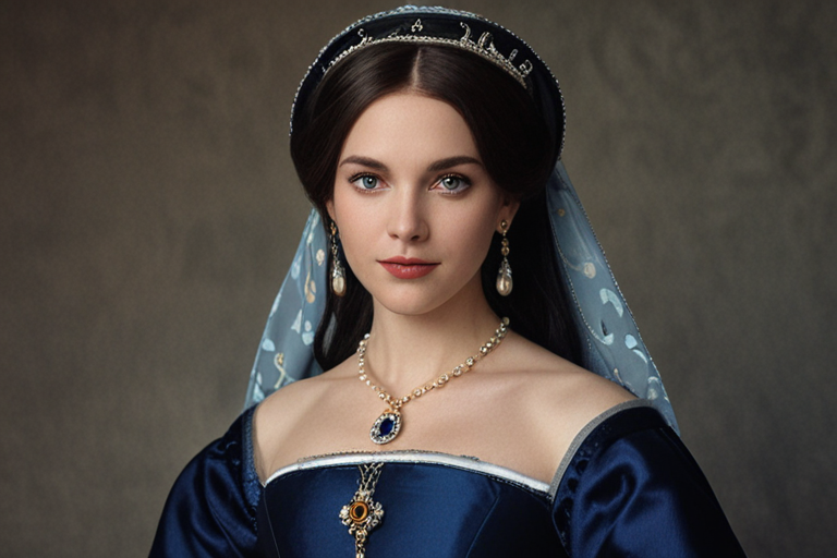 Tudor era queen, dark hair, blue eyes