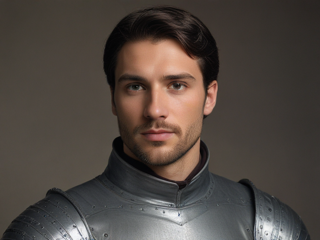 tudor era knight, handsome, masculine, kind, dark hair, short beard