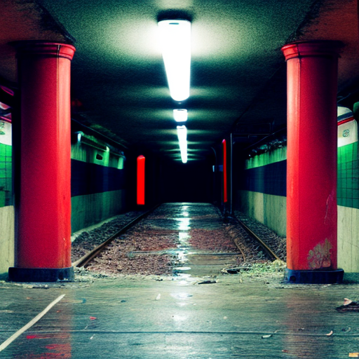 abandoned subway all red and poorly lit