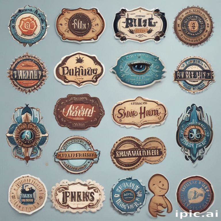 A Collection of Vintage-Inspired Labels and Badges with Intricate Designs.