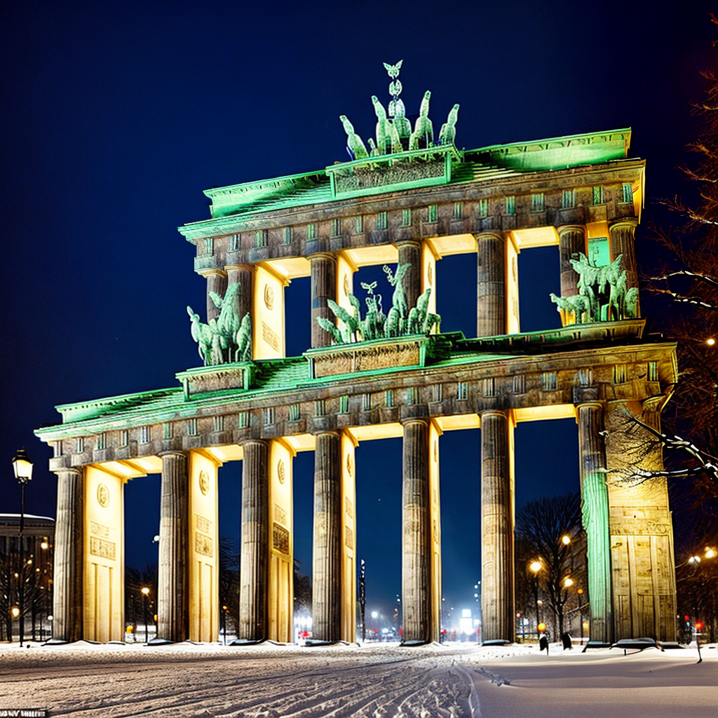 heavy snowfall at brandenburger gate in berlin at night with lots of ...