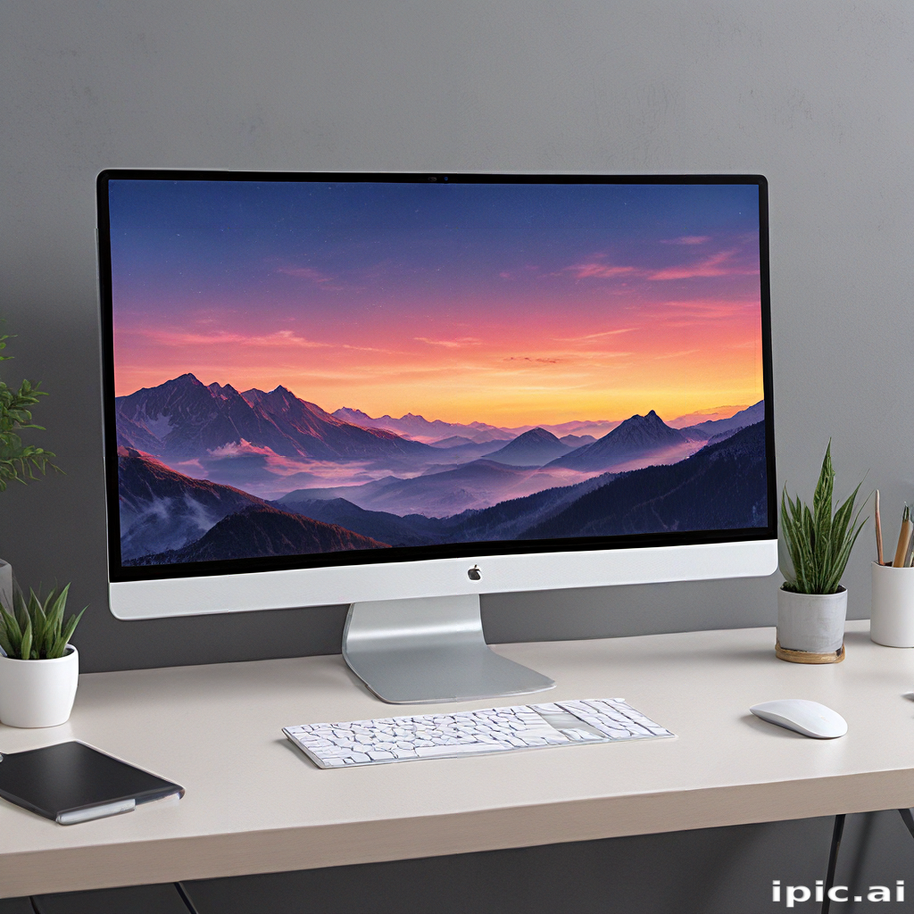 Modern Workspace Featuring an Apple Computer with Stunning Mountain ...