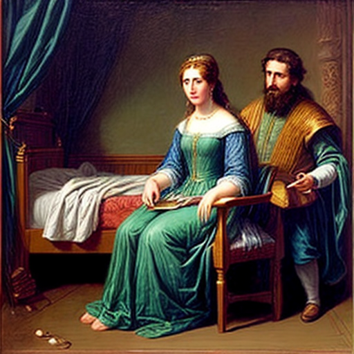 Painting of Penelope, wife of Odysseus, surrounded by men in her room ...