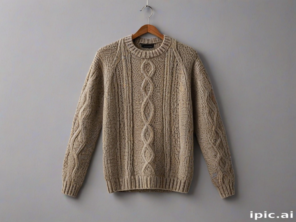 Cozy Knitted Sweater Hanging on a Gray Wall with Unique Patterns