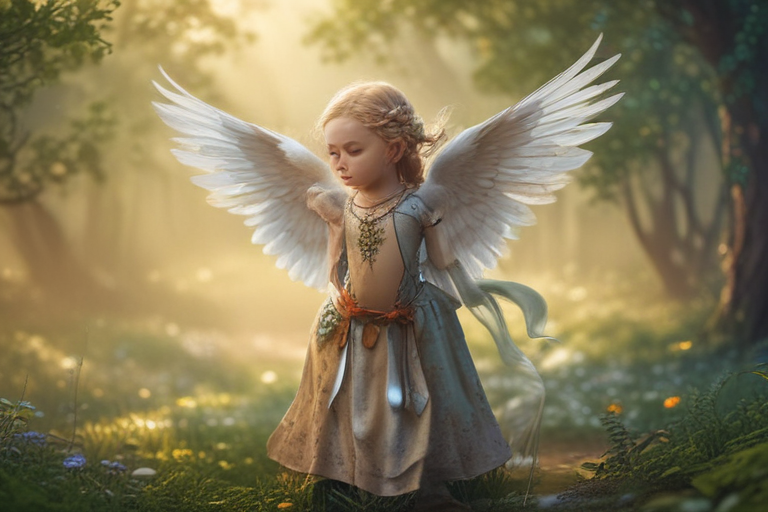 Enchanting Young Girl with Angel Wings in a Mystical Forest Setting