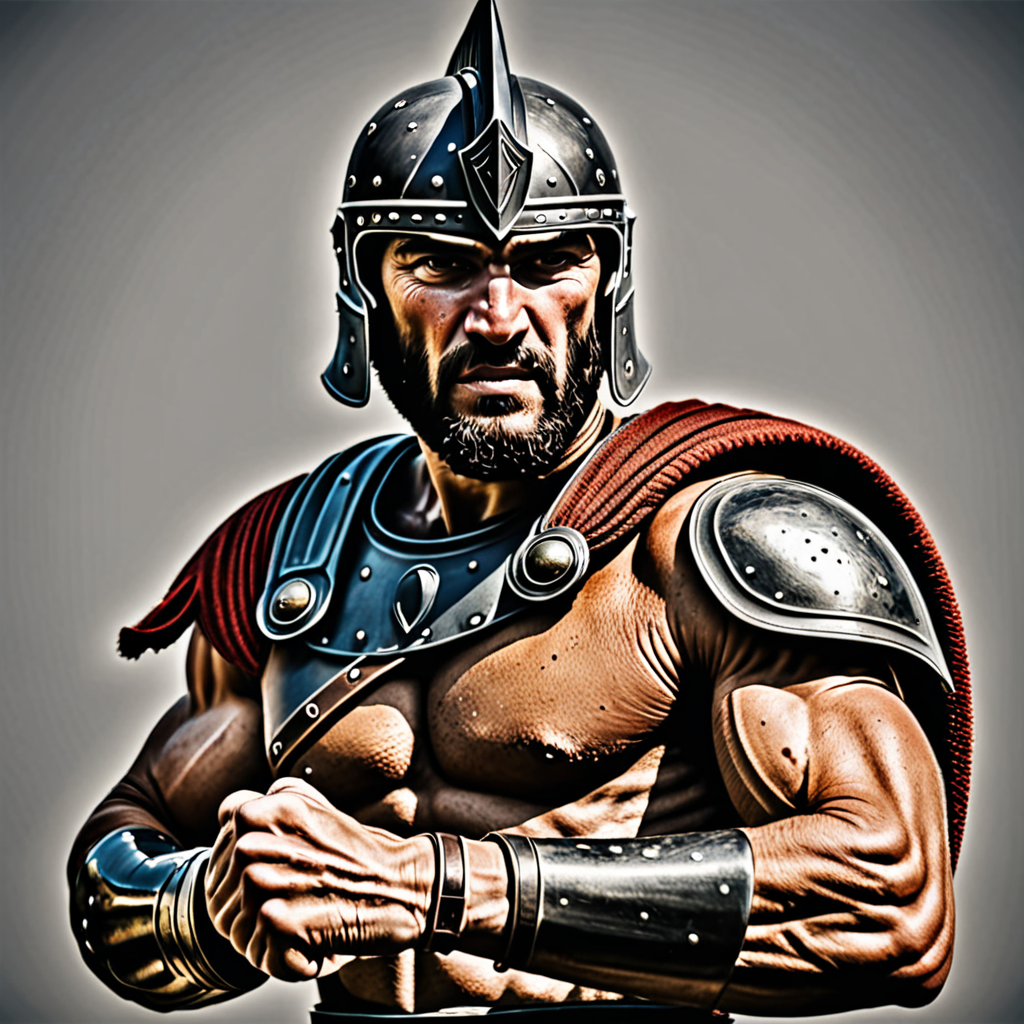 realistic portrait of an ancient Spartan Warrior showing his fists