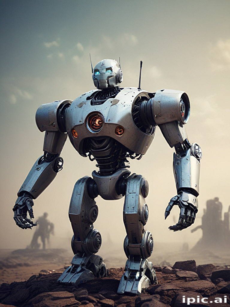 Futuristic Robot Standing in a Sci-Fi Landscape with Distant Figures