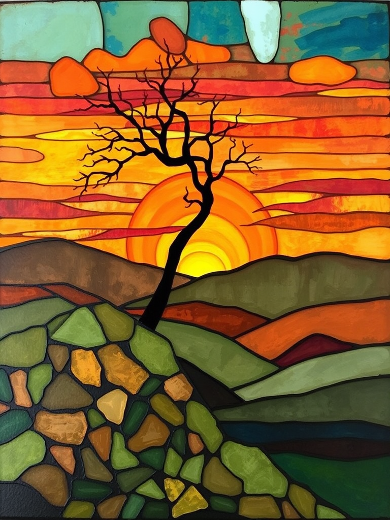Stunning Sunset Over Hills with a Lone Tree Silhouette in View
