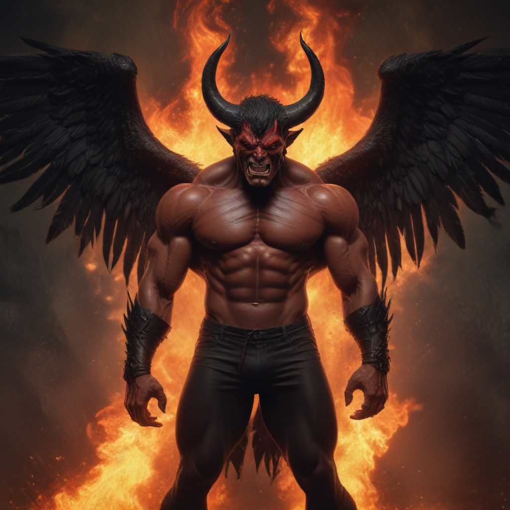 muscular black and red devil with wings, horns, and fire around it