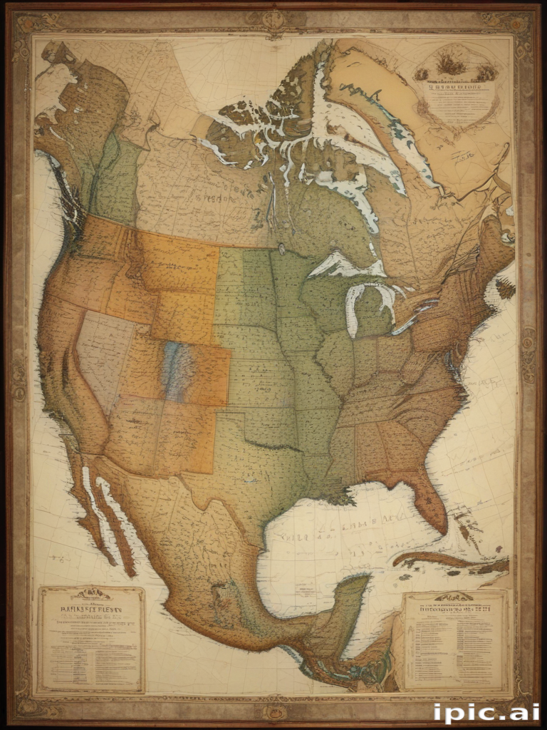 Historical Map of North America Highlighting Regions and Boundaries in ...