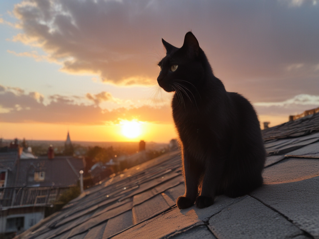 black cat sitting on the roof and in the background is sunset