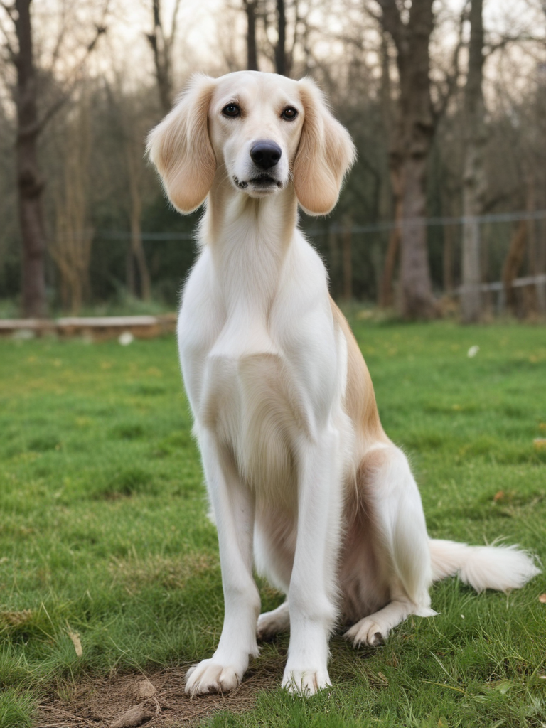 A Beautiful Golden-Haired Dog Sitting Gracefully in a Lush Green Park.