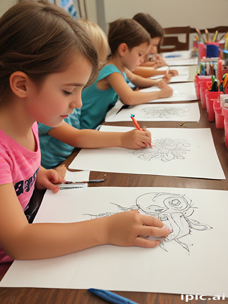 Children Engaged in Creative Coloring Activities at an Art Workshop