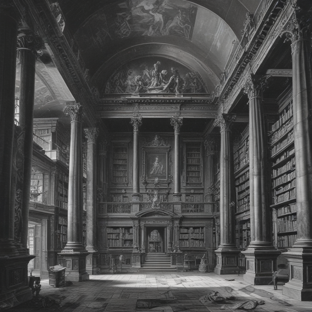 An etching showing the Royal library, in the style of Piranesi.