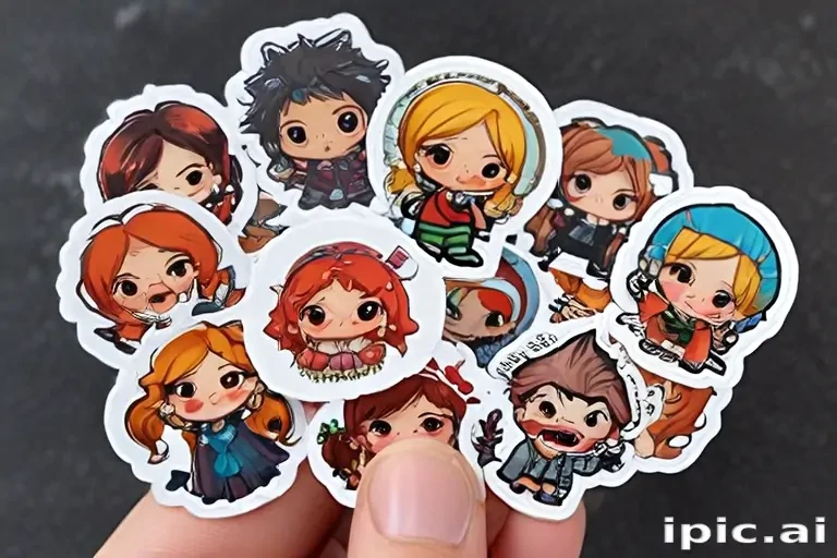 Colorful Collection of Cute Cartoon Character Stickers in a Hand.