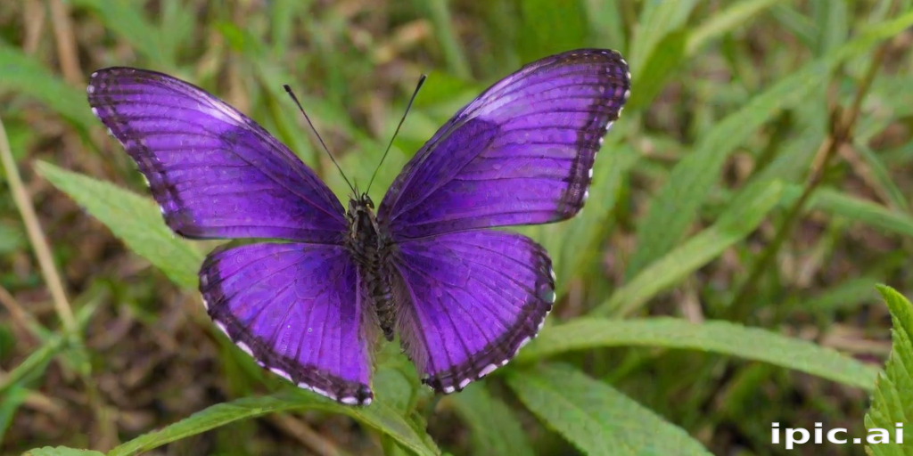 A Vibrant Purple Butterfly Resting Gracefully on Lush Green Grass.