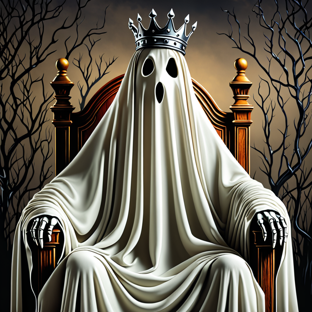 a scary bedsheet ghost king with a king crown sitting on a scary throne ...