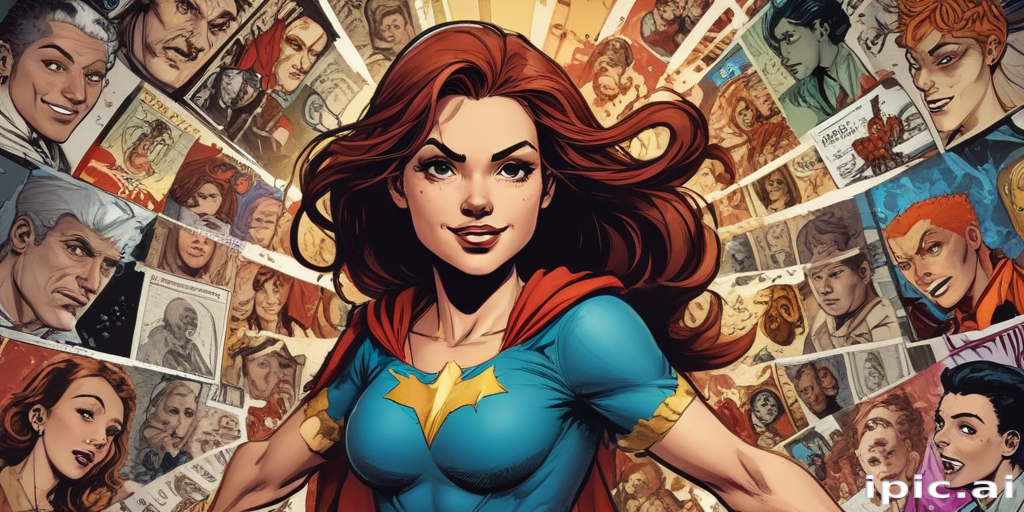 Empowered Heroine Surrounded by Iconic Comic Book Characters and Art