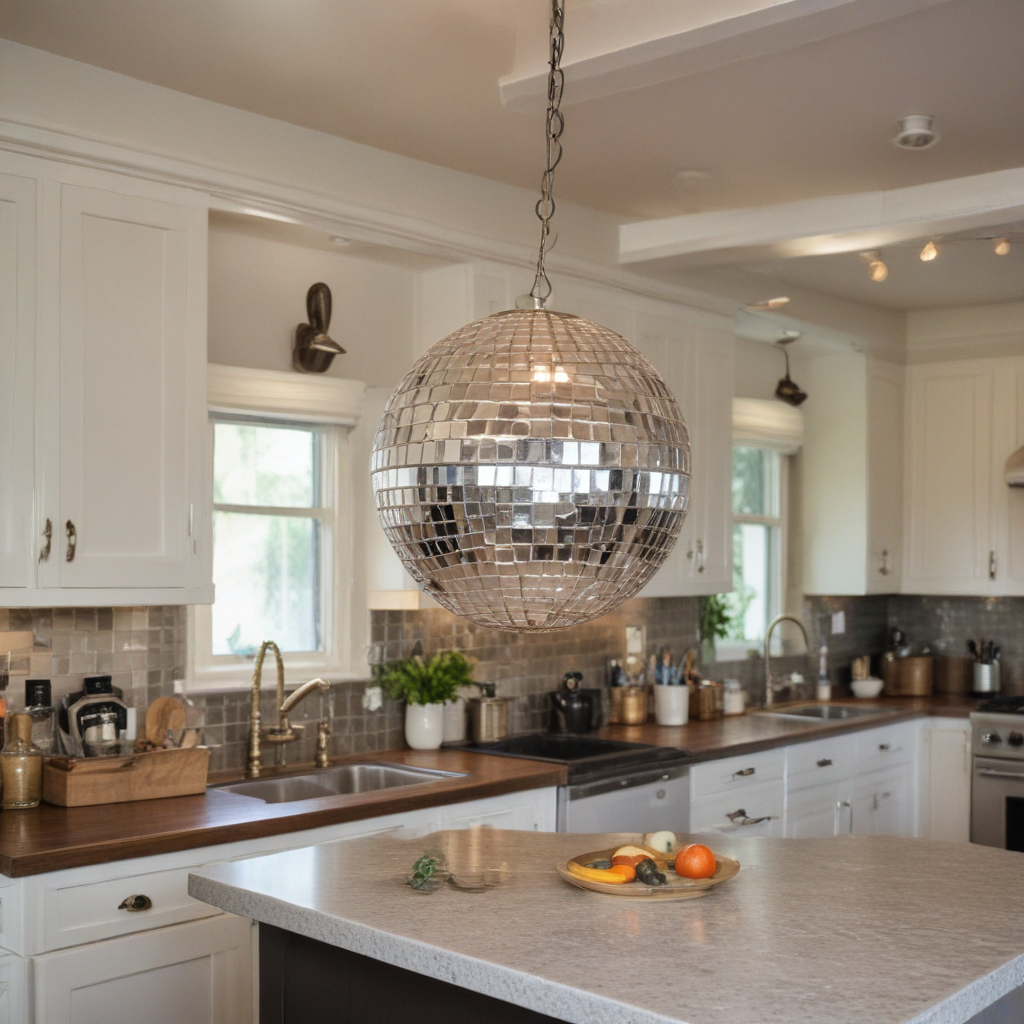 vintage disco ball head with fancy body in kitchen