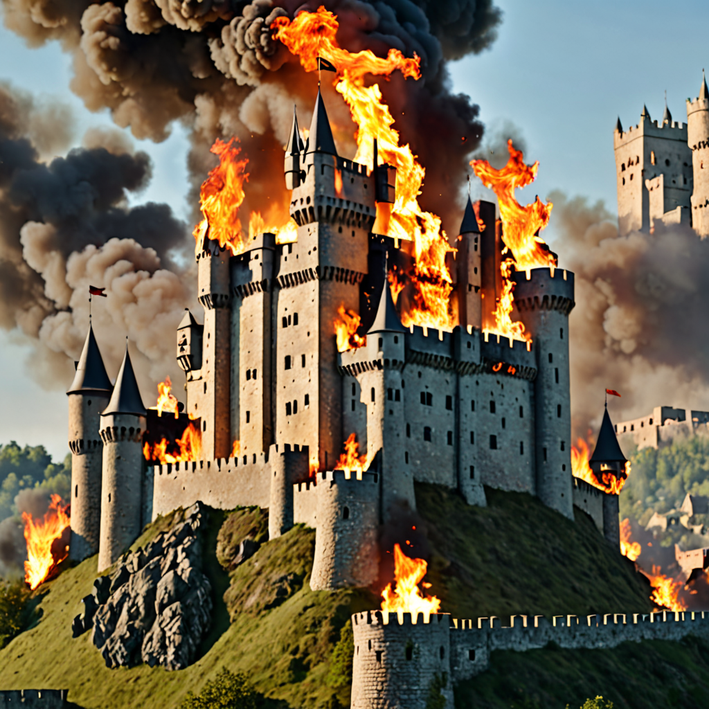A medieval castle engulfed by flames. CGI style