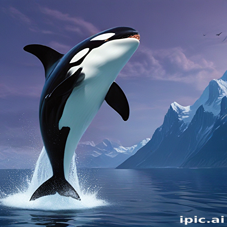 Majestic Orca Breaching the Surface Against a Stunning Mountain Landscape