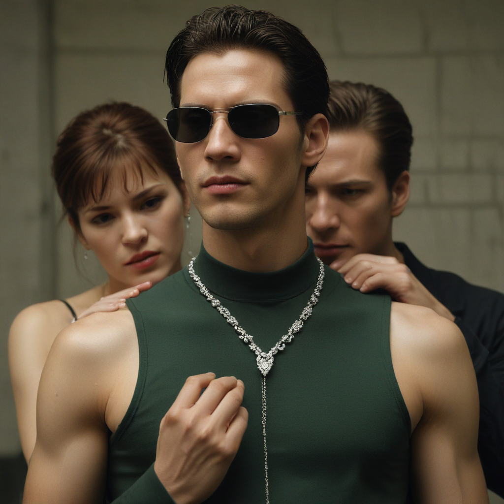 the matrix color grading, a man putting a diamond necklace around the ...