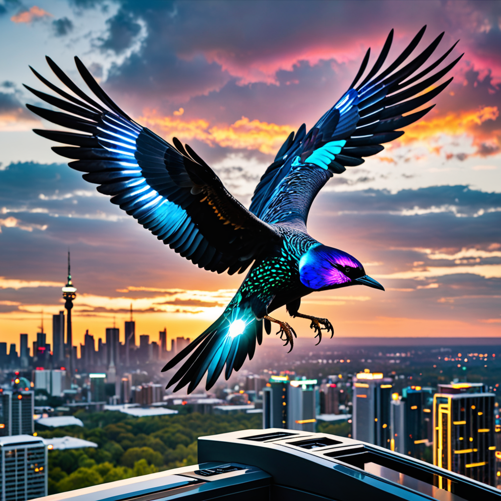A colorful metallic cyborg starling bird opens it's wings as if to ...